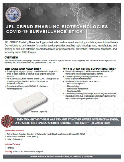 JPL CBRND Enabling Biotechnologies COVID-19 Surveillance Stick > CPE CBRND > Fact Sheet
